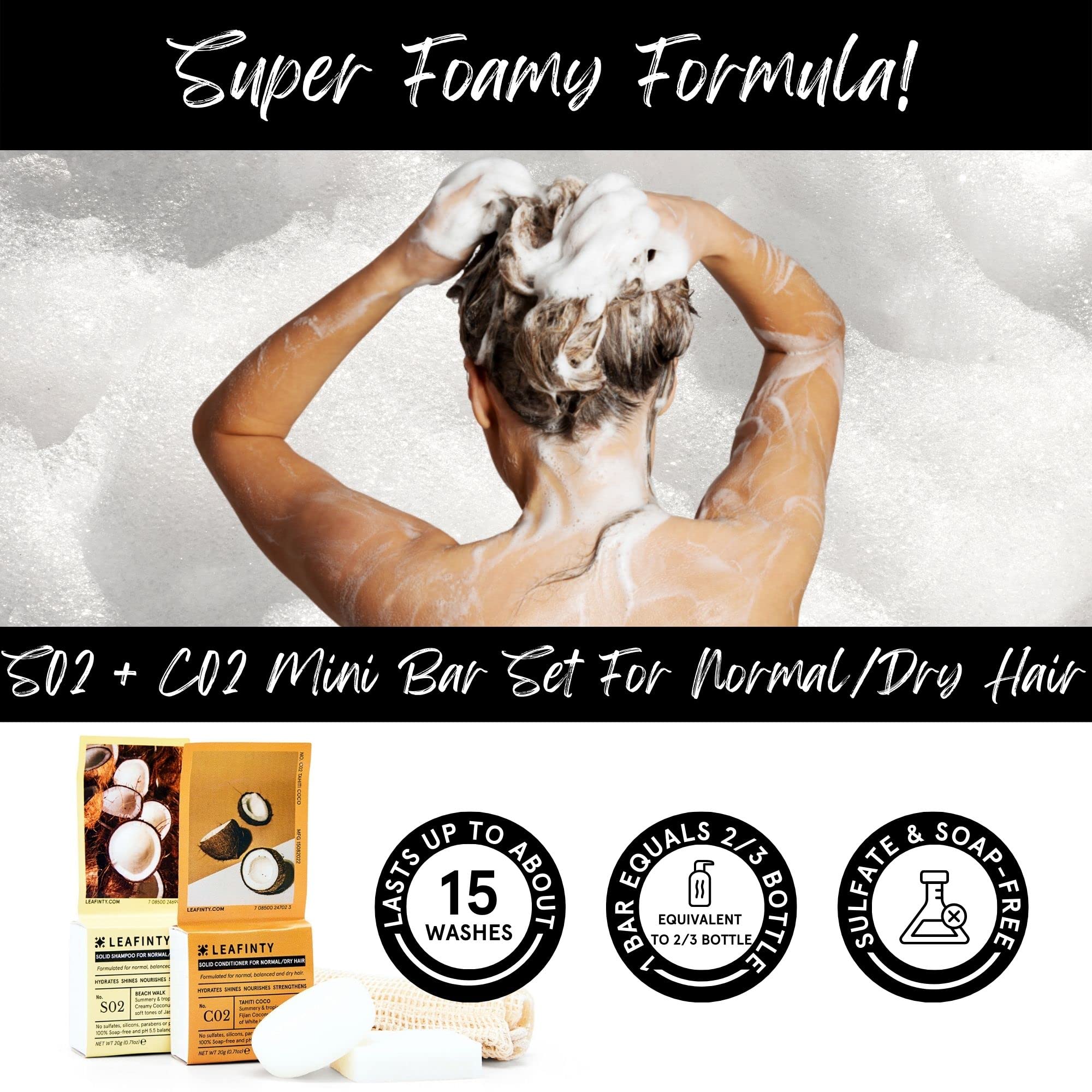 S02+C02 Solid Shampoo & Conditioner Set for Normal, Balanced and Dry Hair, All Natural Zero Waste and Organic Shampoo Bars for Hair,2 Travel Size Bars