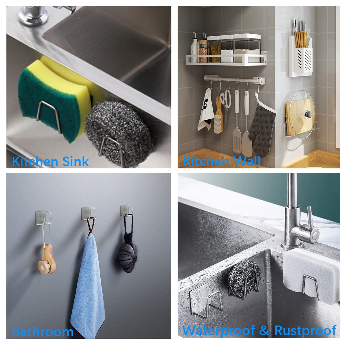 LYART 4Pcs Premium Sink Sponge Holder for Kitchen Sink Caddy Brush - SUS304 Stainless Steel Waterproof Rustproof Quick Drying Strong Self Adhesive (1. Silver X 4Pcs)