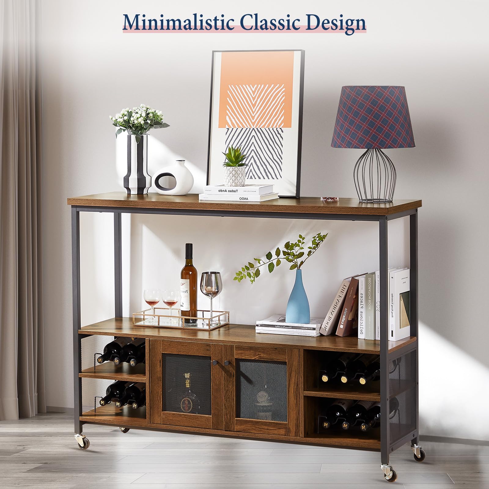 Tatub 54.3'' Wine Bar Cabinet for Liquor, Coffee Bar Cabinet Buffet Sideboard with Storage Compartment for Kitchen, Dining Room, Farmhouse(Hazelnut Brown)