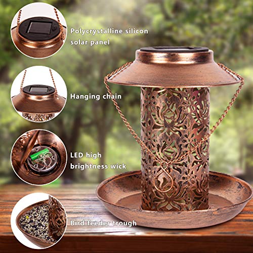 OLIKER Solar Bird Feeder Decorative Metal Panels Hanging Bird House with Light for Feeding Wild Bird Feeder Outdoors Hanging Gift for Bird Lovers Outdoor Garden Backyard Decoration