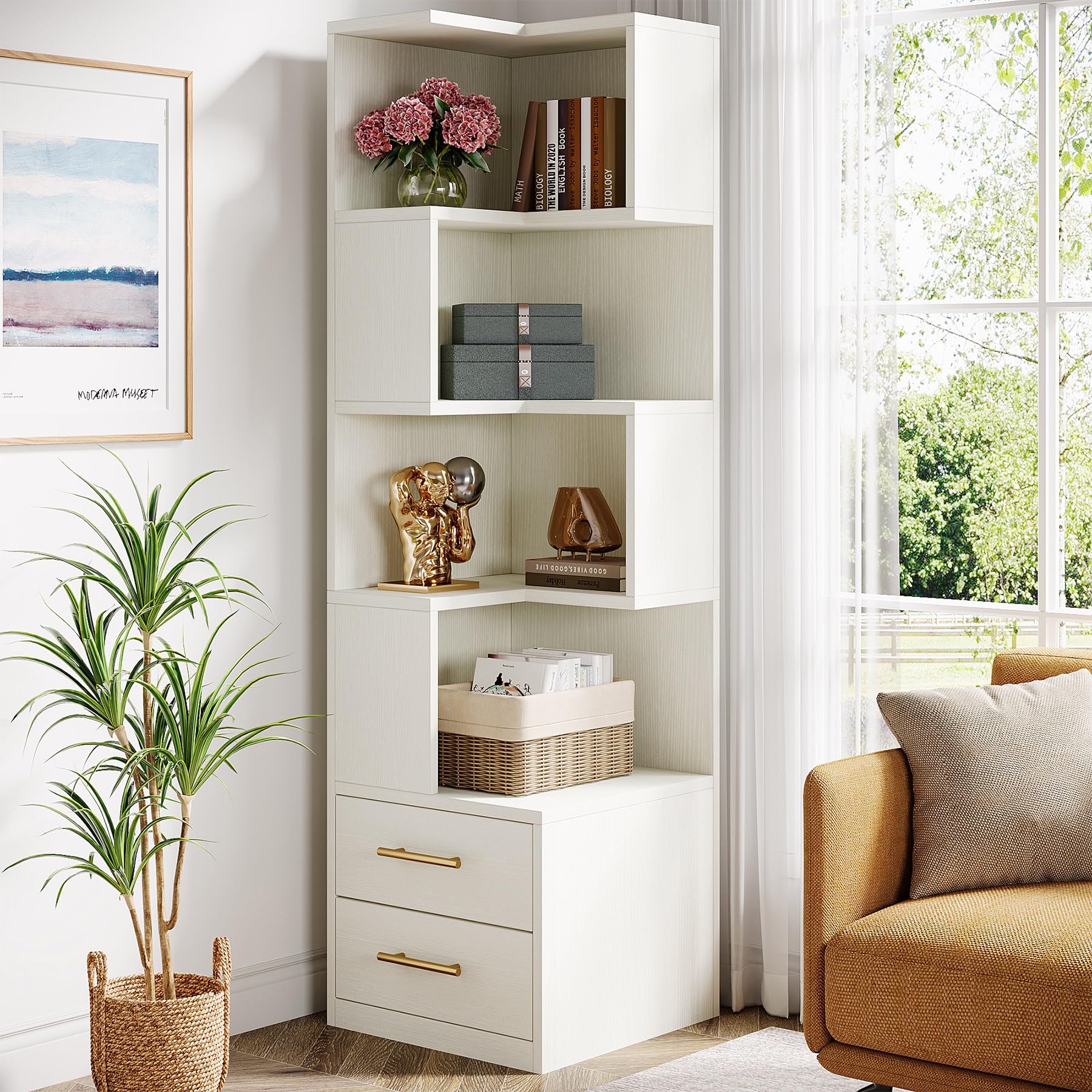 Tribesigns 5-Tier Corner Bookshelf with 2 Drawers, 66.9-Inch Tall Corner Bookcase Shelf, Modern Simple Corner Storage Cabinet Display Rack Shelf for Living Room, Home Office, Beige