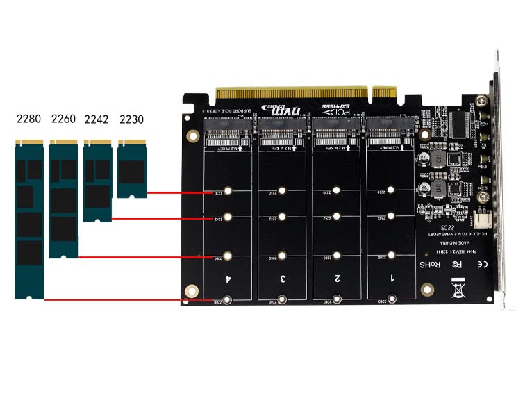 PH44 M.2 NVMe PCIe Adapter 4.0 X16 Expansion Card NVMe SSD 4.0/3.0 High Speed 4x32Gbps Soft RAID Card with Separate LED Indicator for PC Desktop Support 2230 2242 2260 2280