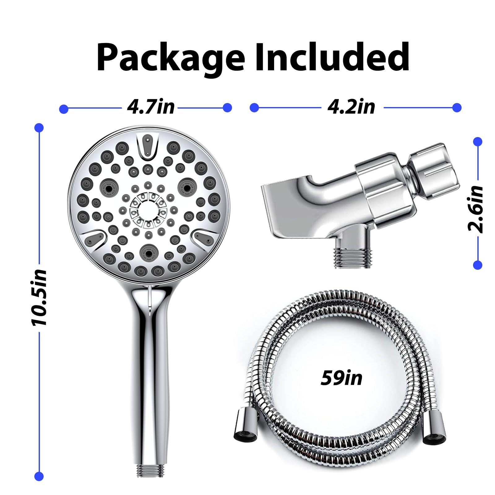 Shower Head with Handheld High Pressure - 59β Stainless Steel Hose Holder to Clean Tub Tile Pets - 10 Models Showerhead - All Chrome Finish