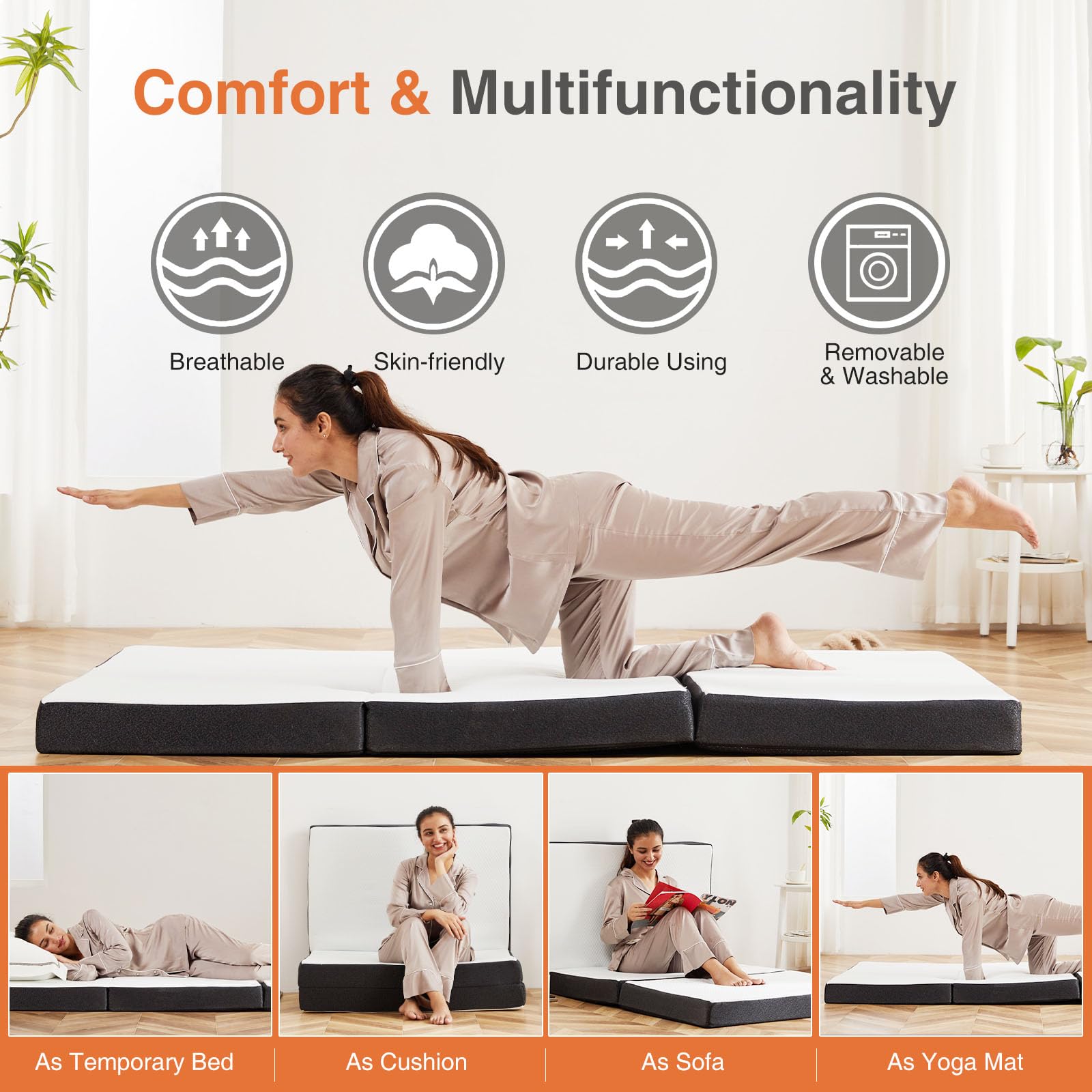 Sweetcrispy Folding Mattress, 4 inch Tri-fold Memory Foam Mattress Topper for Camping, Foldable Mattress Topper with Washable Cover, Guest - Full Size, White