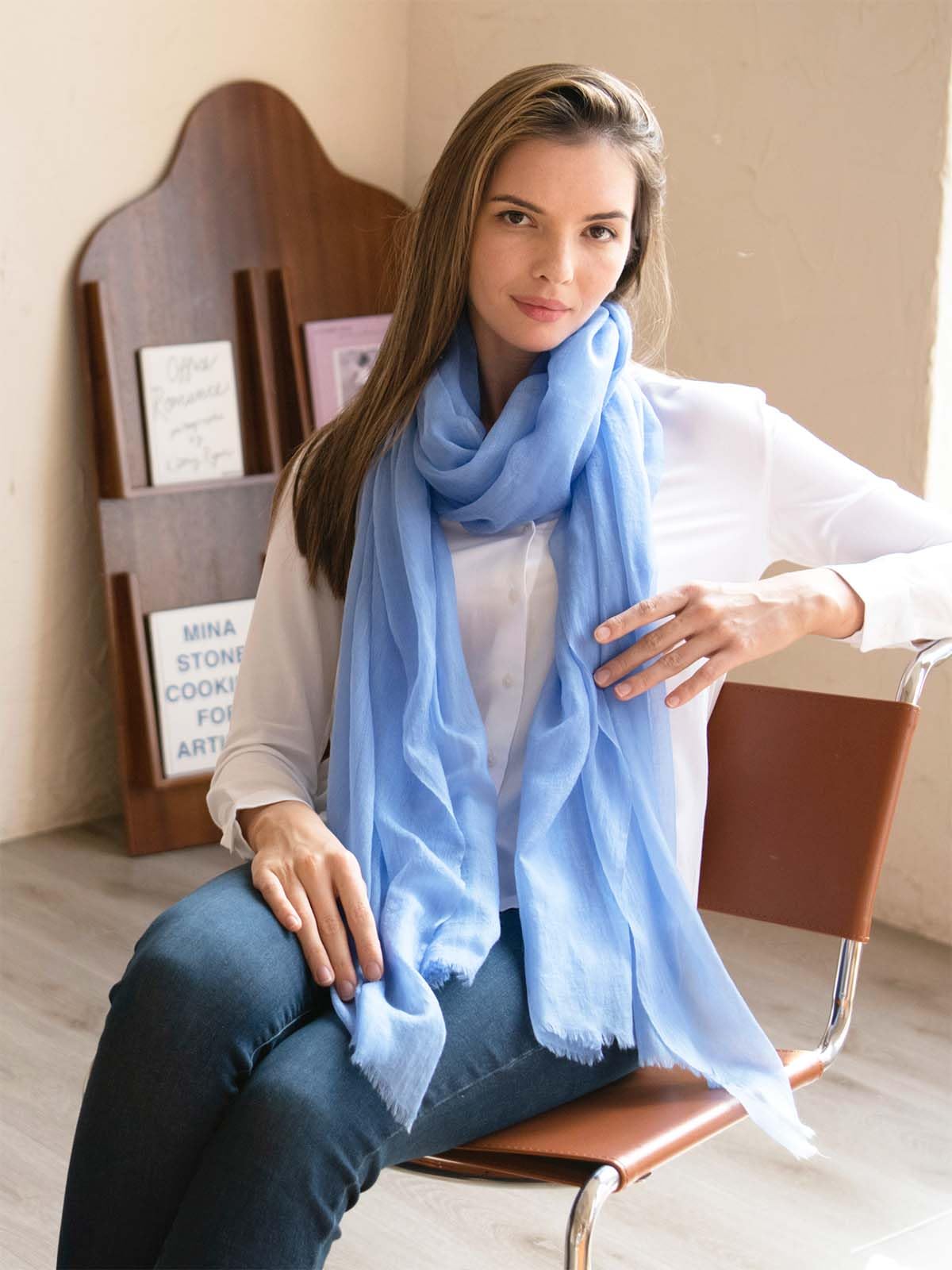 Ovcio Featherlight Cornflower Blue Cashmere Scarf - 100% Pure Cashmere Wrap Scarf for Women (87x39) with Gift Box