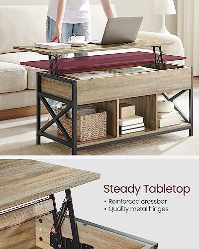VASAGLE Lift Top Coffee Table for Living Room, Industrial Coffee Table with Hidden Compartments and Storage Shelf, Steel Frame, 19.7 x 39.4 x (19.3-24.4) Inches, Oak with Blue Grains ULCT202B60