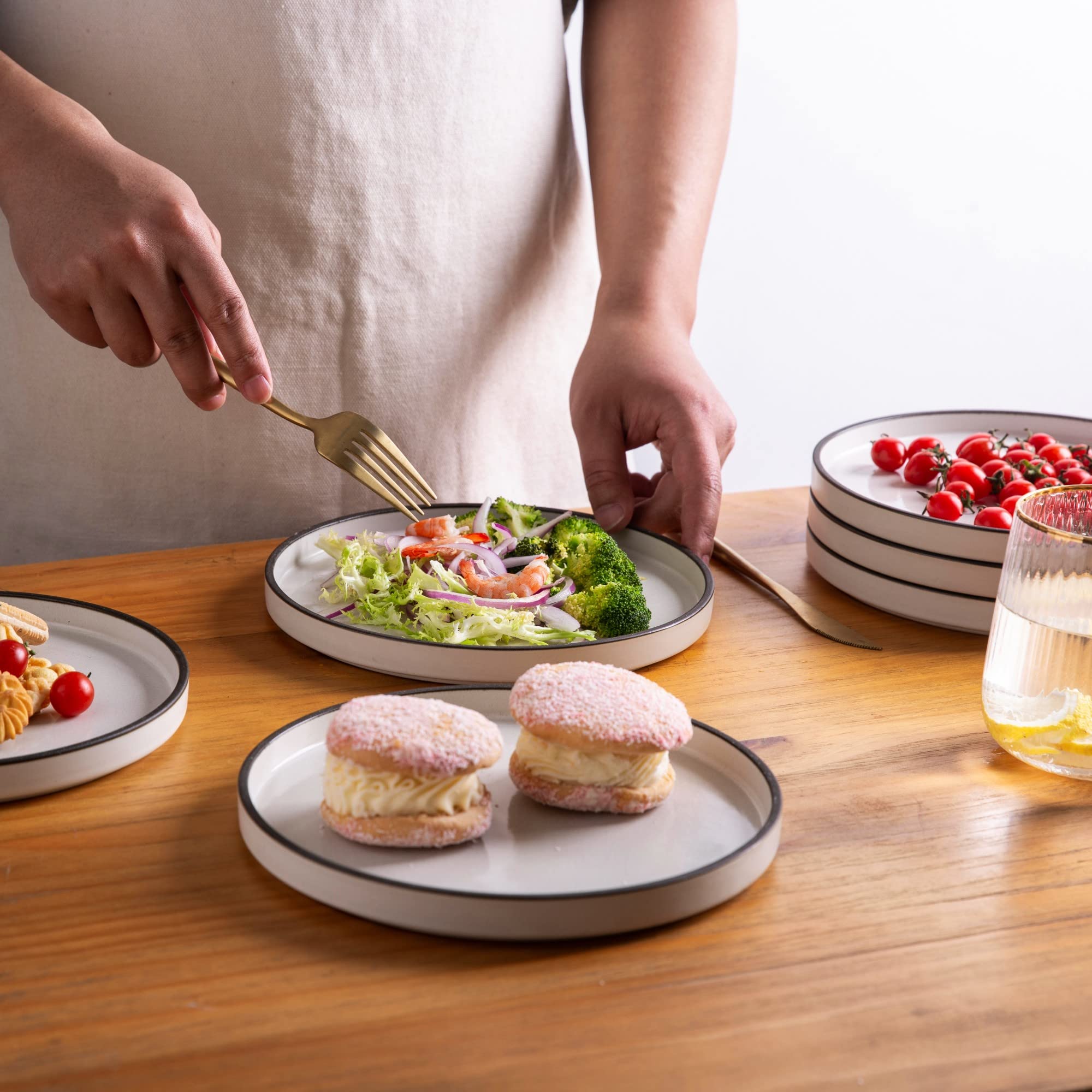 LERATIO Dinner Plates,10.75 Inch Ceramic Flat Plates Set of 6,High Edge Modern plates for Kitchen,Microwave & Dishwasher & Oven Safe, Scratch Resistant Dishes Set-Matte Off White