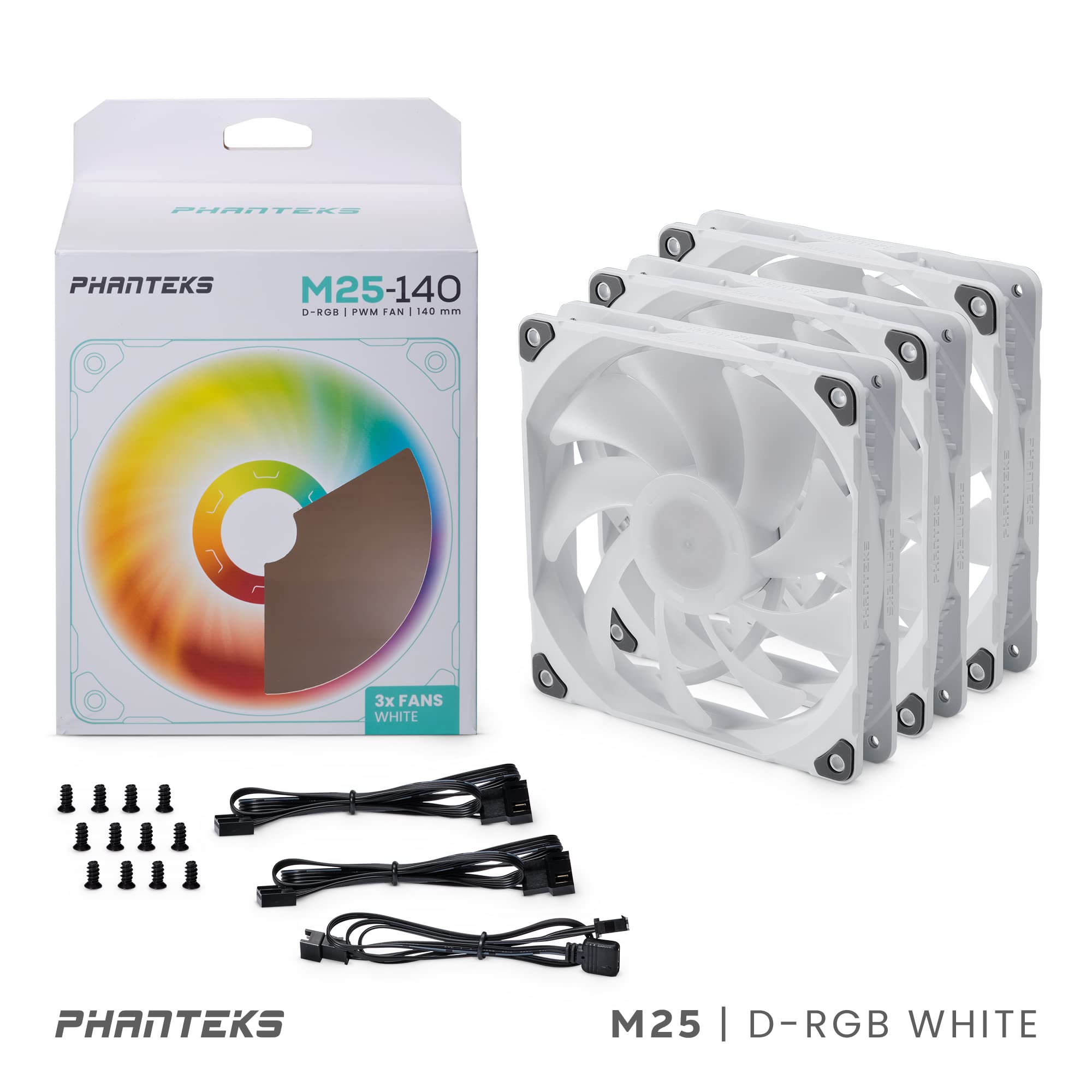 Phanteks M25-140 D-RGB Fan, High-Airflow Radiator Performance, PWM Control up to 1800RPM, ARGB/DRGB Lighting, Daisy-Chain Cable (White Matte Blade/Black Fan Frame (3-Pack))