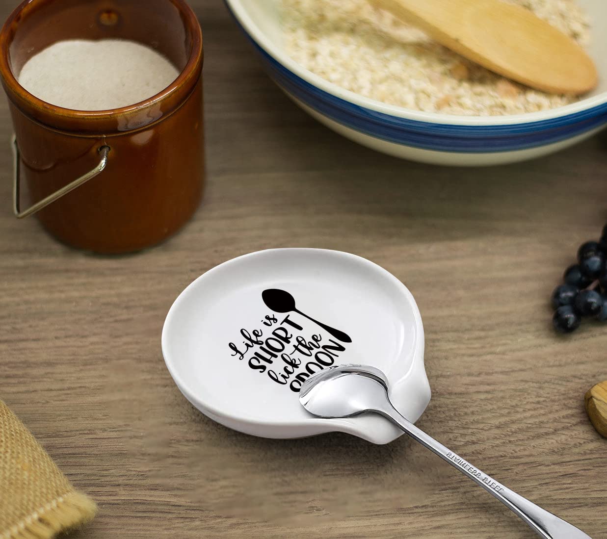 LRUIOMVE Ceramic Coffee Spoon Holder with Funny Quote Life is Short Lick The Spoon Coffee Spoon Rest and Coffee Bar Accessory - Station Decor for Coffee Lovers - Great Gift for Women and Men