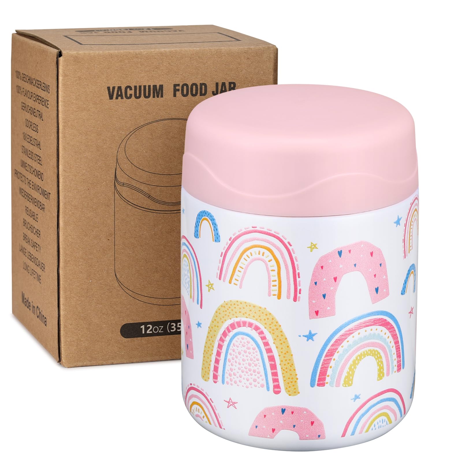 wiwens 12oz Soup Thermo for Hot Food Kids Insulated Food Jar Wide Mouth Lunch Container Leak Proof Stainless Steel Vacuum Bento Box for School Office Travel Outdoors White-Rainbow