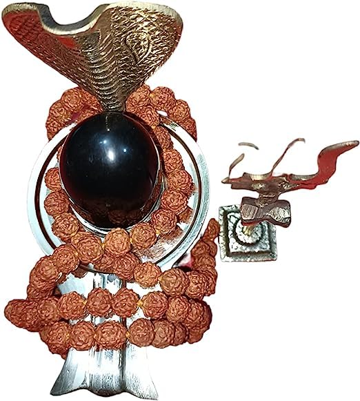 Shaligram Shiva Ling Lingam Shivling Naaga Brass Stand 4.7 Inches Approx Tirshul 4 inch Rudraksha mala 108 Beads 6mm