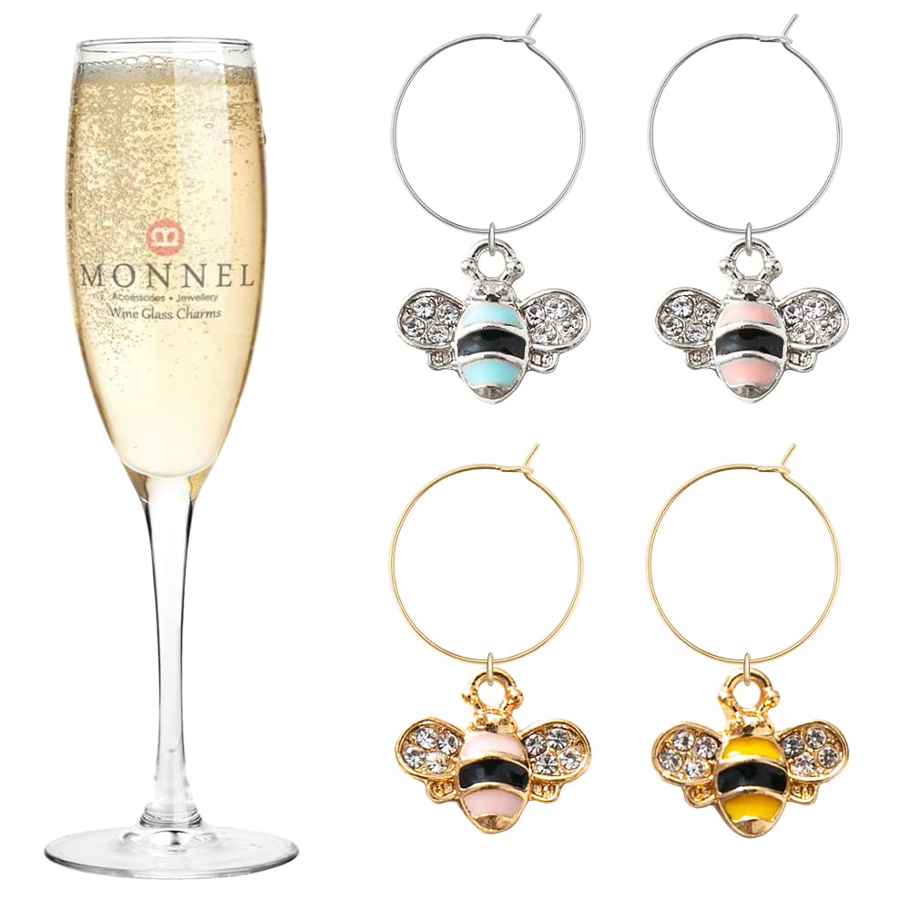 MONNEL P524 Assorted Little Honey Bees Wine Charms Glass Markers Tags for Party Decorations with Velvet Bag- Set of 4