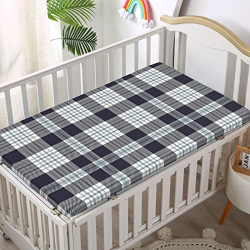 Plaid Themed Fitted Mini Crib Sheets,Portable Mini Crib Sheets Soft Toddler Mattress Sheet Fitted-Great for Boy or Girl Room or Nursery,24β x38β,Indigo White and Pale Taupe