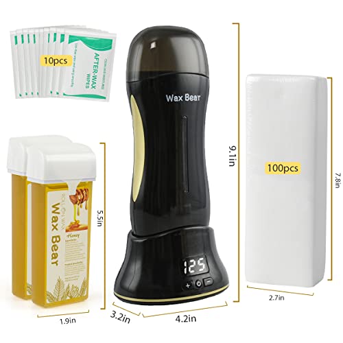 Wax Bear Roll On Wax Kit for Hair Removal,Roller Wax Cartridge Depilatory Wax Heater Kit Digital Temperature Display with for Personal & Professional Use,Black