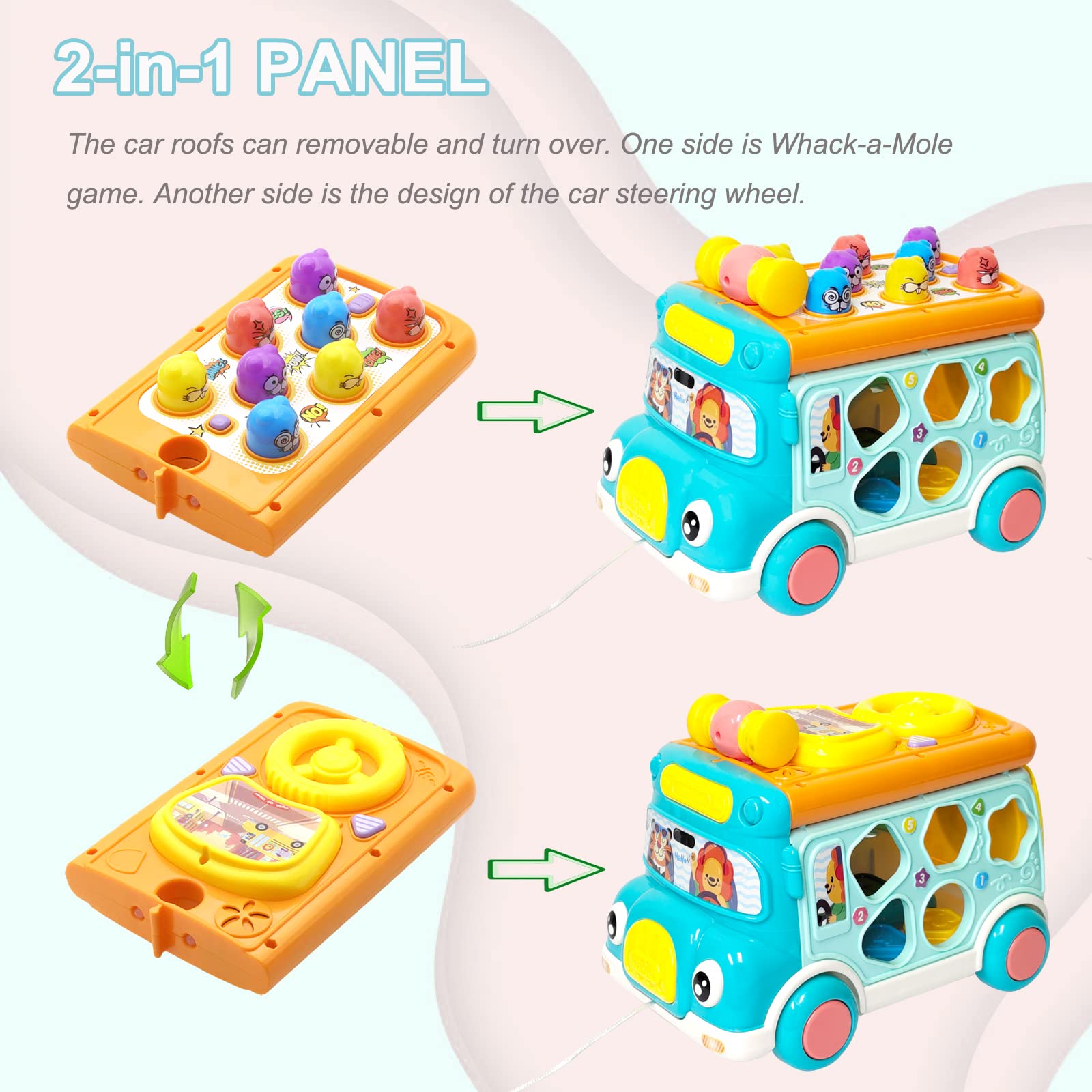 MICKYU Baby Musical Bus Toys Whack a Mole Game Shape Sorter Early Development Toy for Toddlers Boys