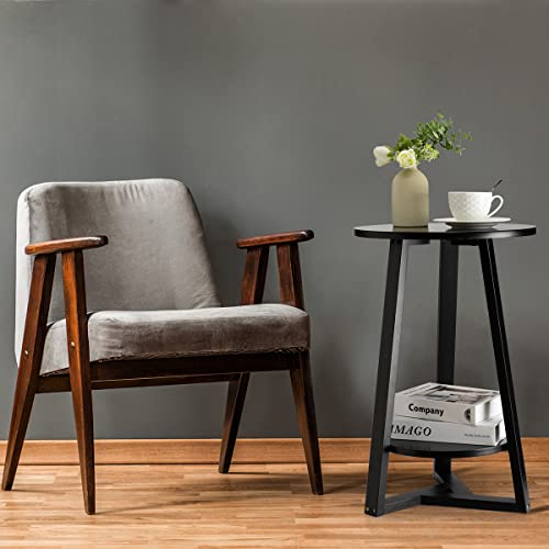 TINSAWOOD Black Side Table, Two-Tier Round End Table, Modern Small Side Table Living Room, Bedroom & Balcony, Black End Table with Storage Shelf with Solid Wooden Legs