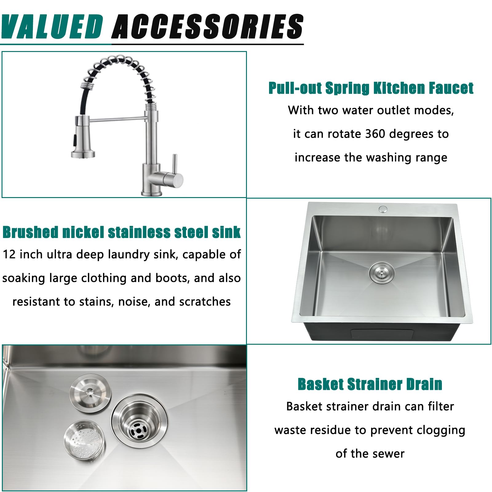 WMXQX 25 Inch Drop In Utility Sink with Faucet, 25"x22"x12" Drop In Laundry Sink Laundry Utility Sink 16 Gauge Stainless Steel Utility Sink 12" Deep Single Bowl Laundry Room Sink