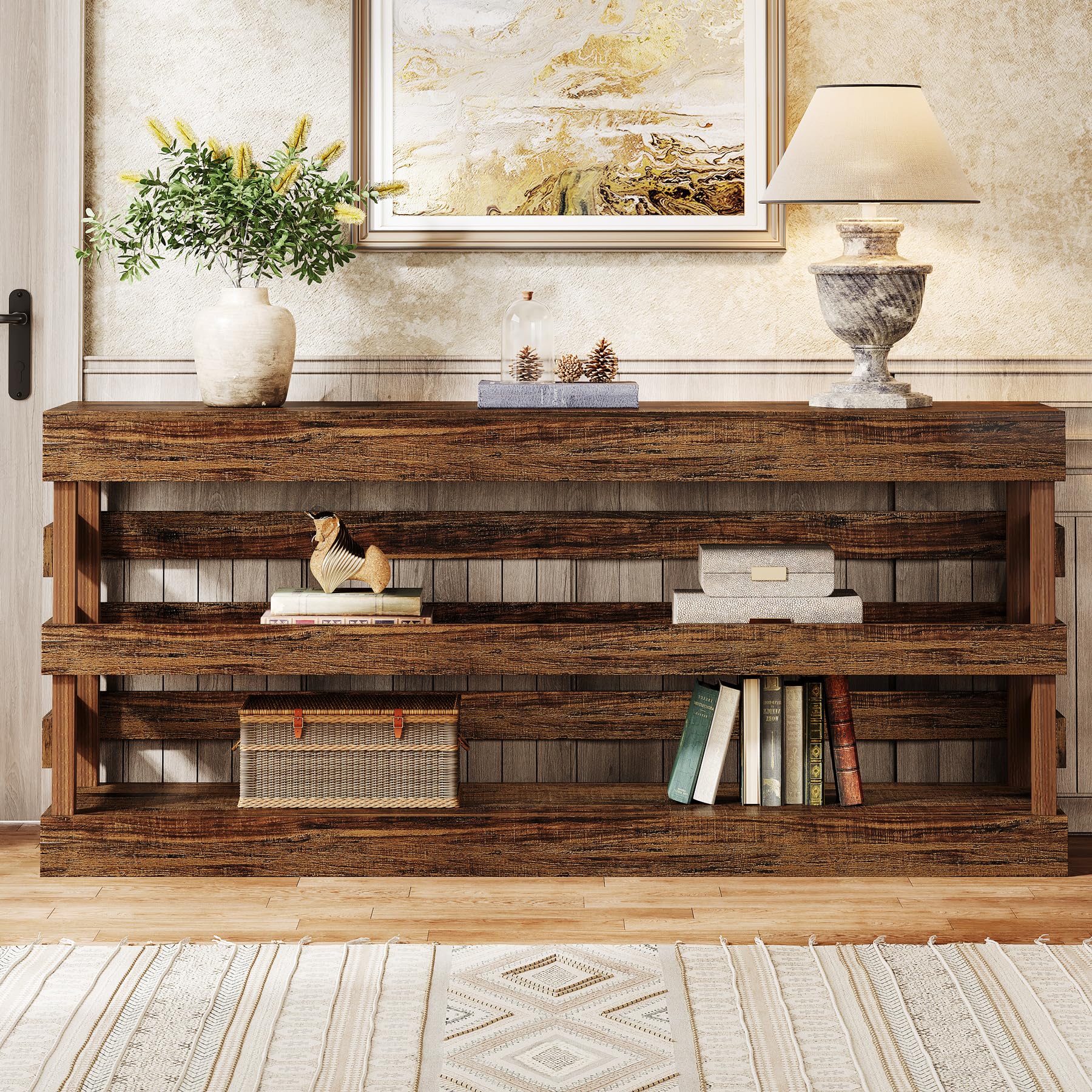 Tribesigns 70.9-Inch Extra Long Console Table, Farmhouse Entryway Table with 3-Tier Storage Shelf, Narrow Sofa Table Behind Couch, Wood Console Table for Living Room, Hallwahy, Foyer