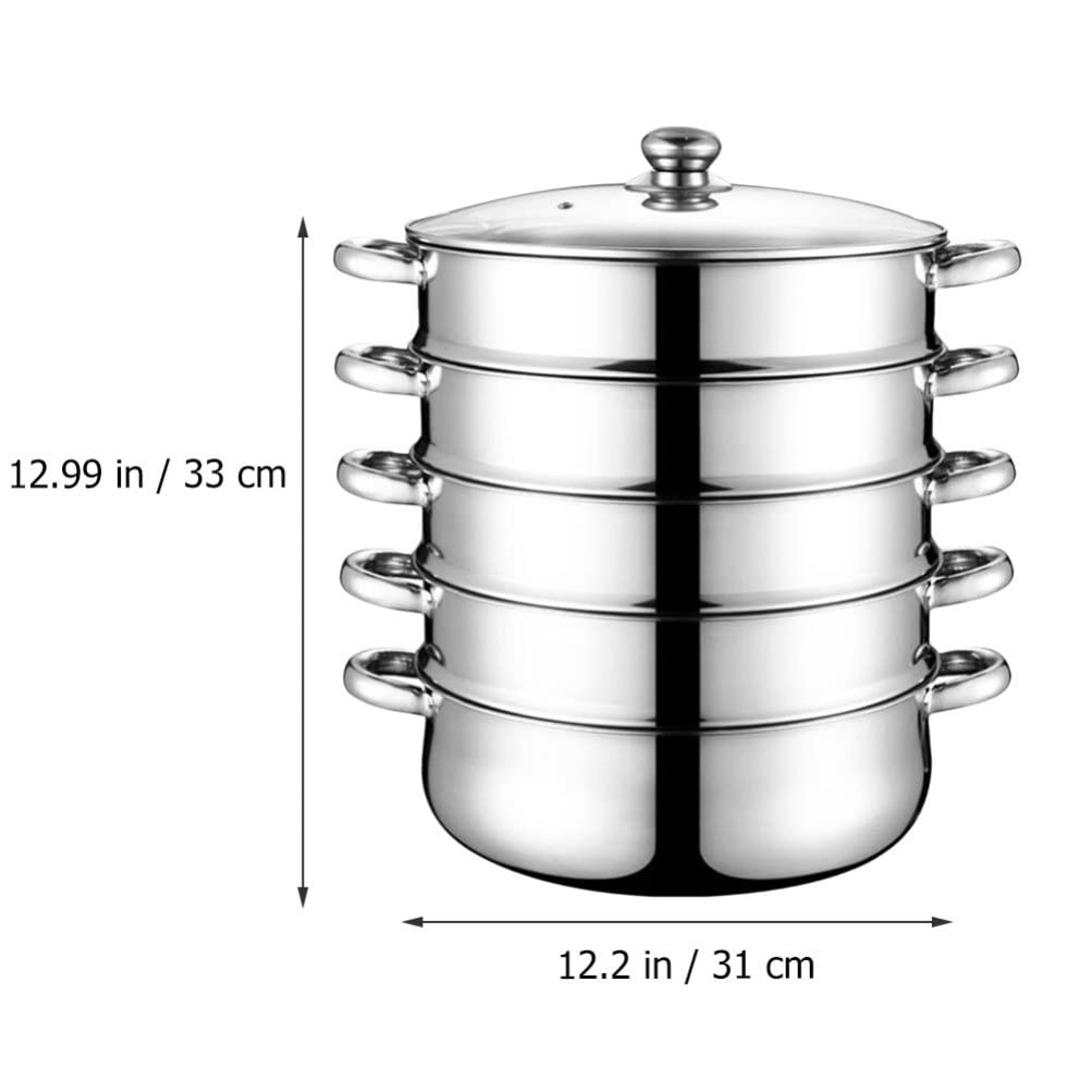 Luxshiny Steamer Pot Stainless Steel Steamer Pot, 5 Tier Stockpot Steaming Cookware Vegetable Dumpling Steaming Pot for Home Kitchen (28CM) Cooking Pot
