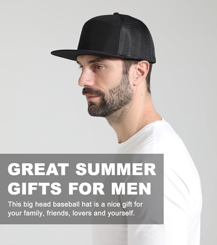 Oversize XXL Blank Flatbill Mesh Snapback Cap Black 2XL, XXL Flat Bill Hat 6 Panel Camper Style