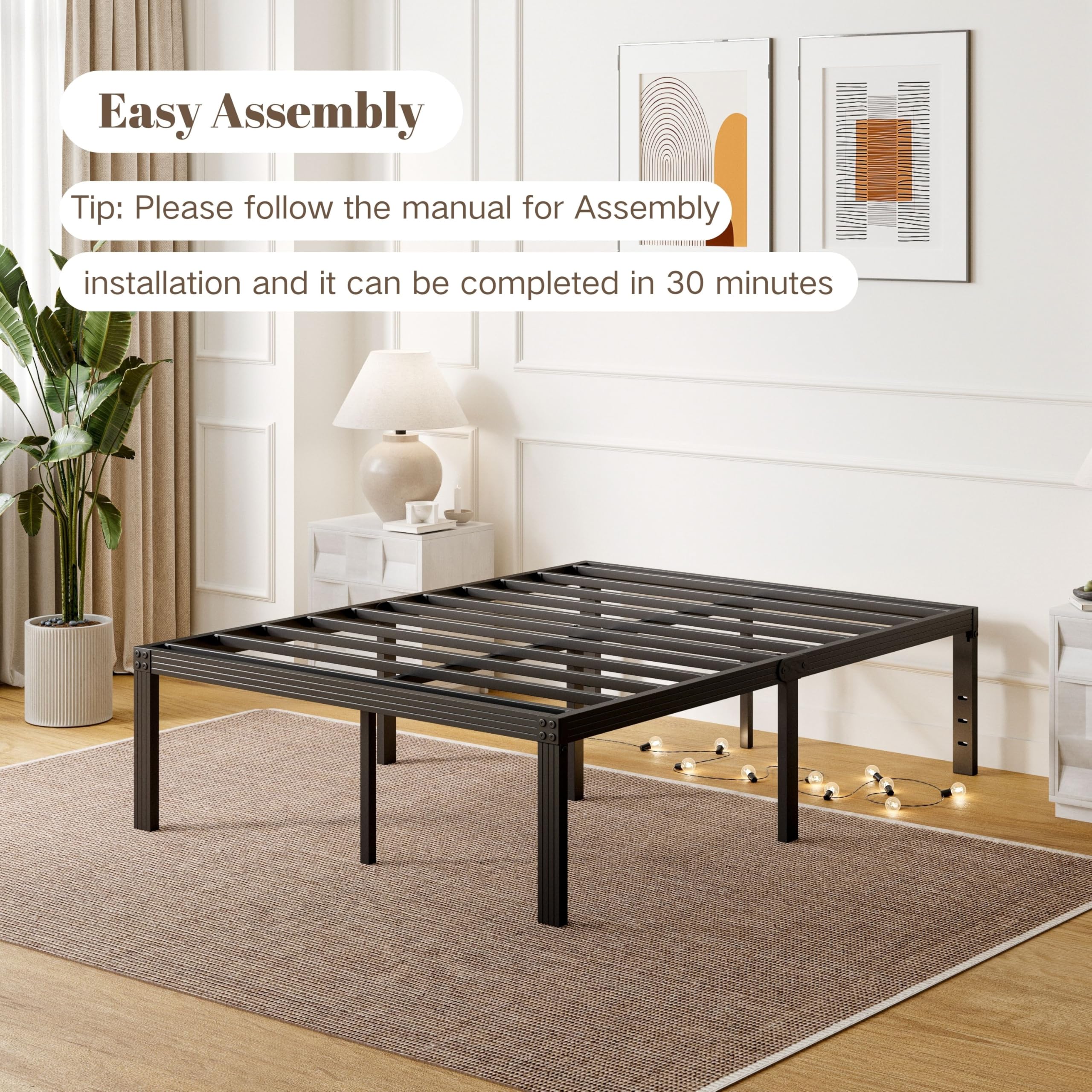 ZIYOO Queen Size Bed Frame, 18 Inches Platform Bed Frame, 3500lbs Heavy Duty Steel Slat, Non-Slip Design, No Box Spring Needed, Easy Assembly, Quiet Noise Free, Under Bed Storage Space, Black