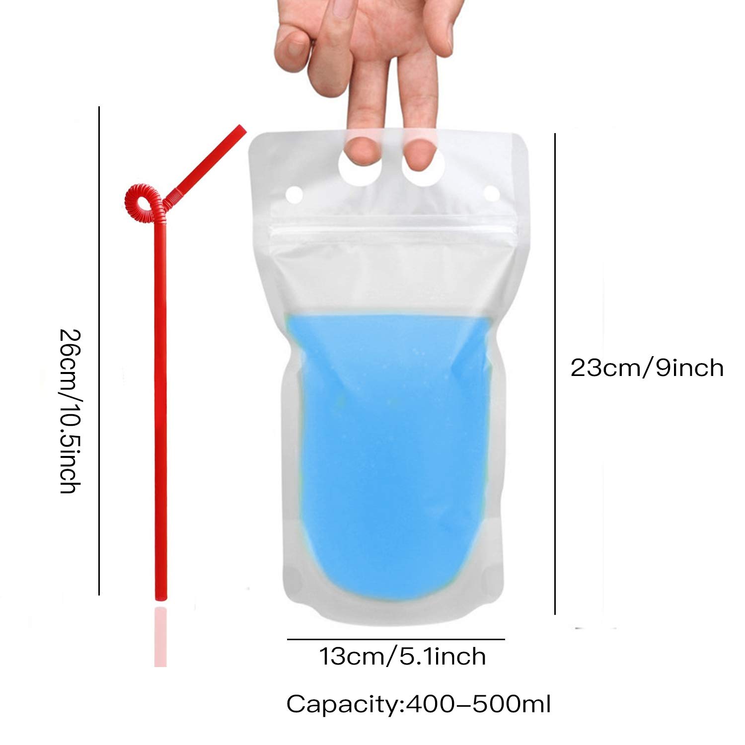 Lainrrew 50 Pcs Drink Pouches with 50 Pcs Straws, Freezable Juice Pouches Bags Reclosable Zipper Plastic Smoothie Bags Heavy Duty Hand-Held Translucent Ice Drink Pouches Bag for Cold & Hot Drinks