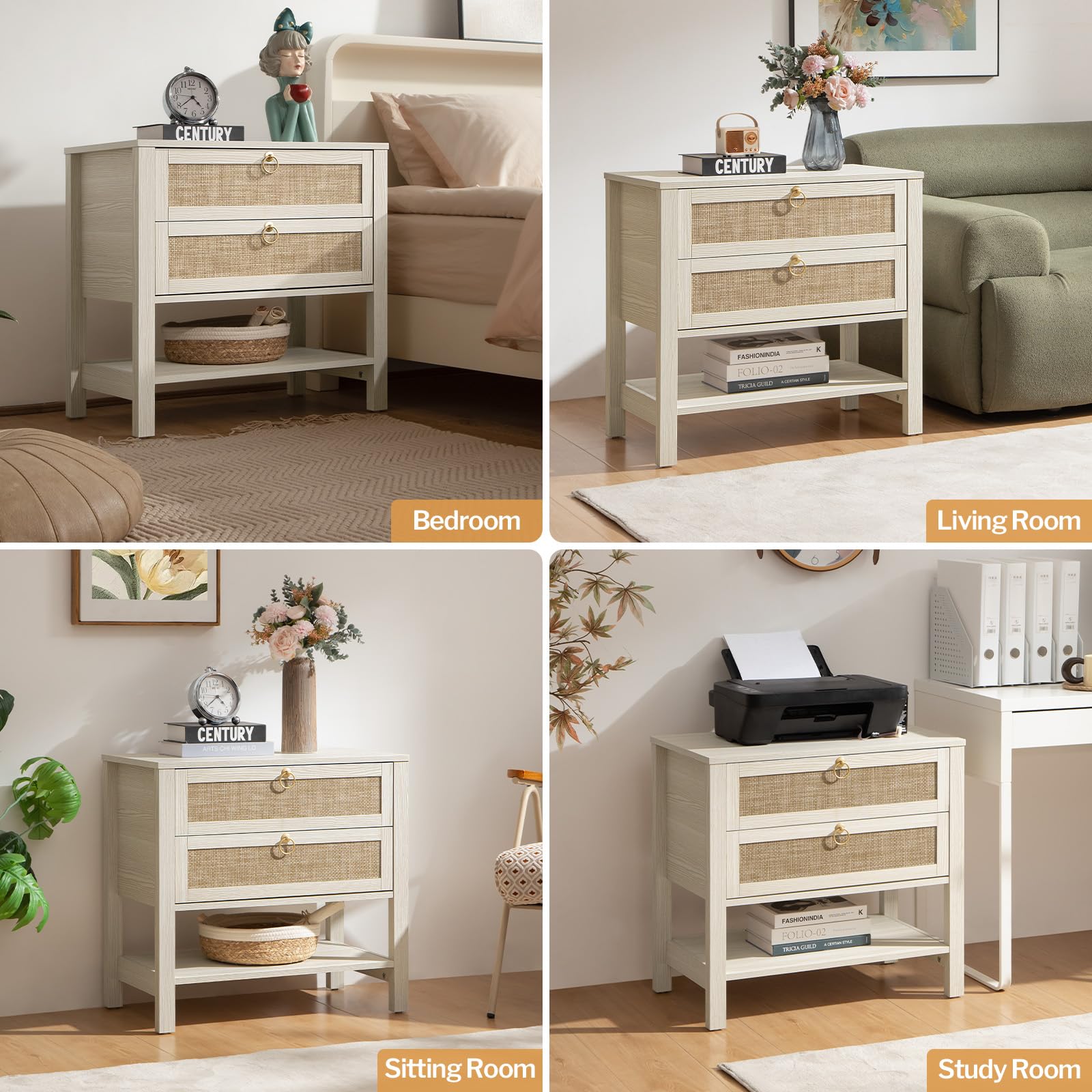SICOTAS White Night Stand Set of 2, Large Nightstand with Drawers and Storage Shelf - Rattan Boho Bedside Table Narrow Side Table for Bedroom, Small Space