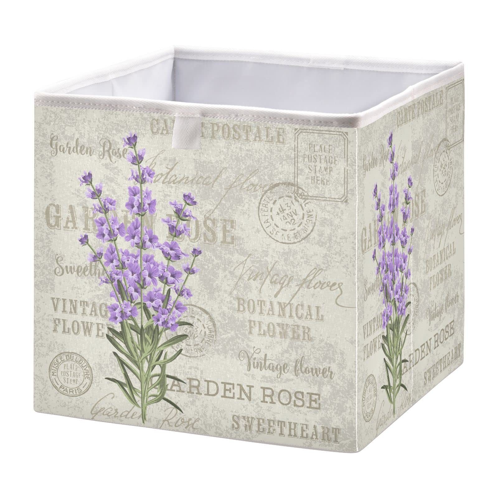 Kigai Vintage Postcard Lavender Bow Storage Box, Foldable Storage Bins with Handle, Decorative Closet Organizer Storage Boxes for Home