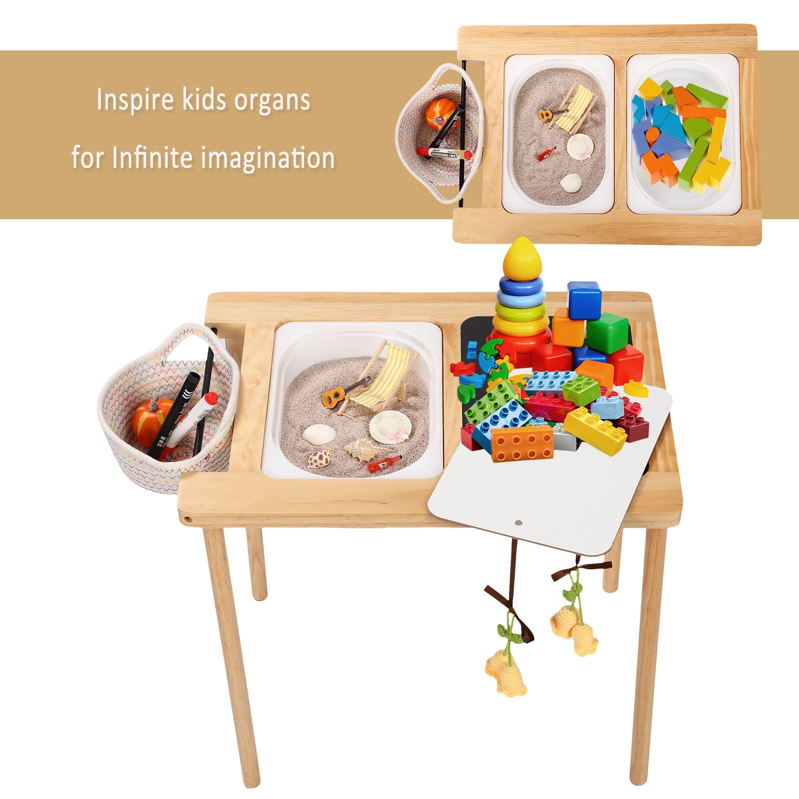 WOFDALY Sensory Table,Wooden Toddler Sensory Table with 2 Storage Bins and Writable Lids,Indoor/Outdoor Kids Play Drawing Table,Play Sand Table for 1-3/3-5, Yellow
