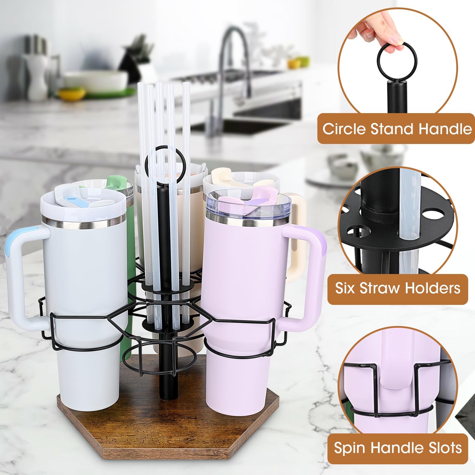 Stanley Cup Holder for Tumbler With Handle, 360° Rotating Stanley Cup Organizer Water Bottle Storage 20/30/40oz Kitchen, Hexagonal Spinning Tumblers Organizer Countertop Cabinet 6 Slots Mugs Turn Rack