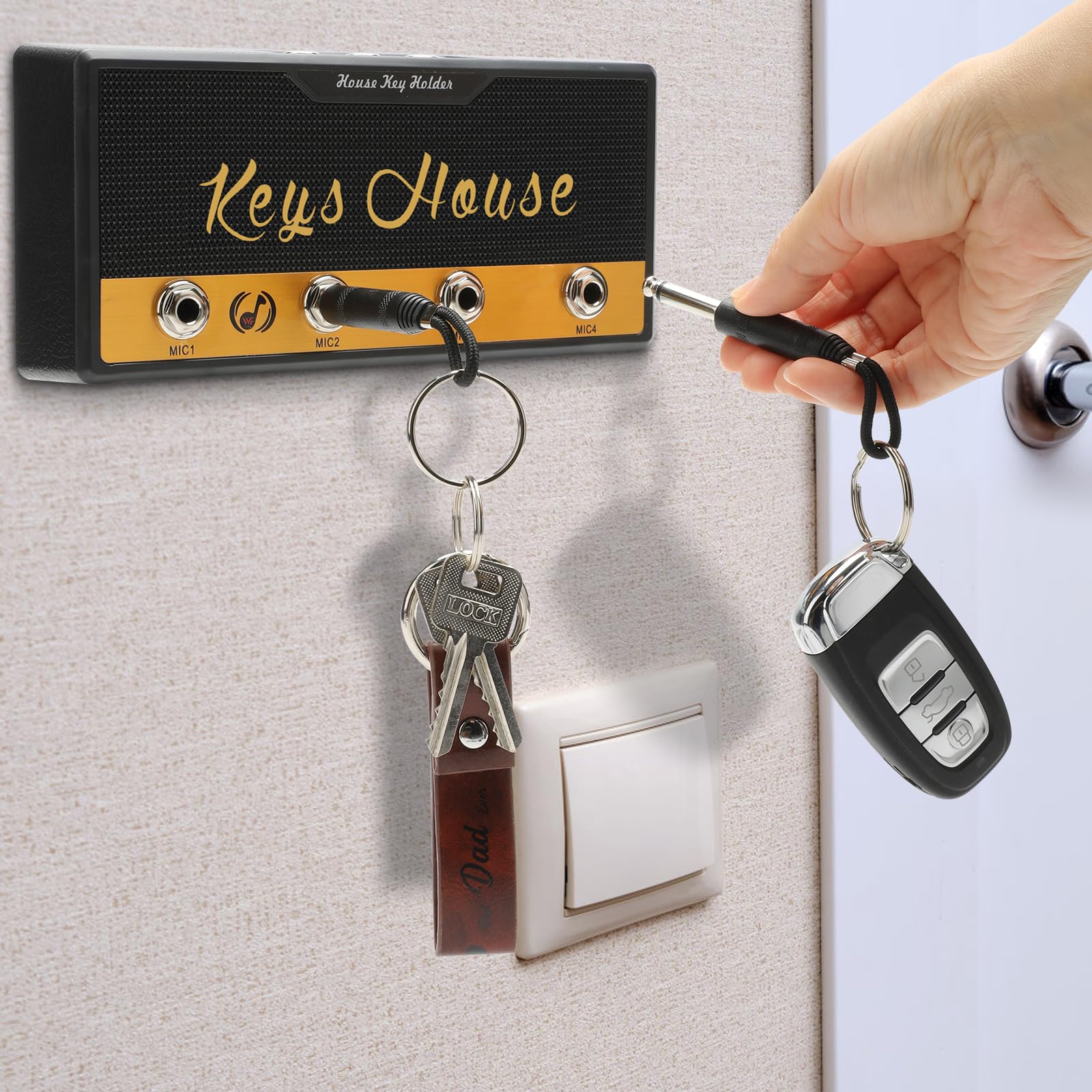 SODWEF Rock Amp Jack Key Holder for Wall,Guitar Amp Key Holder Wall Mount, for Speaker Wood Key Storage, Key Rack Hook Includes 4 Guitar Plug Keychains Home Decoration (Black)