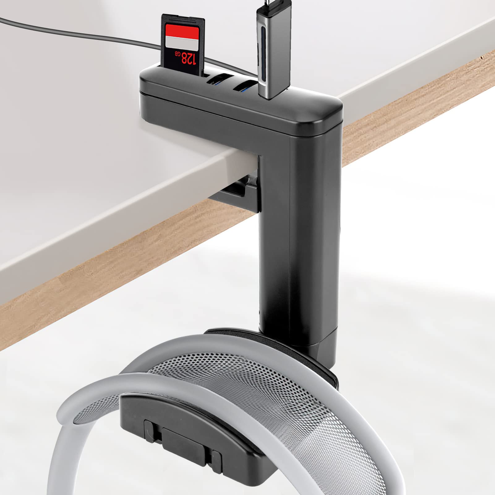 Mystery Headset Holder with Hub - Multi-Function Headphone Hanger Hook with USB Hub & Memory Card Readers -Under Desk Headphone Stand Mount for Office, Computer File Transfer, PC Accessories