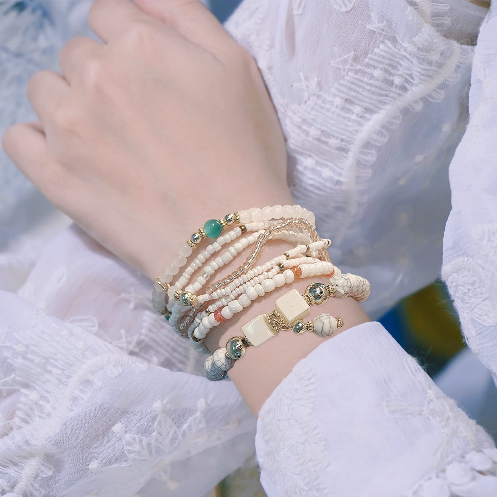 JEWPARK 6-9 Set Bohemian Stackable Bead Bracelets for Women Multilayered Stretch Bracelet Boho Acrylic Beaded Bracelet Statement Seed Beaded Bracelet 9S