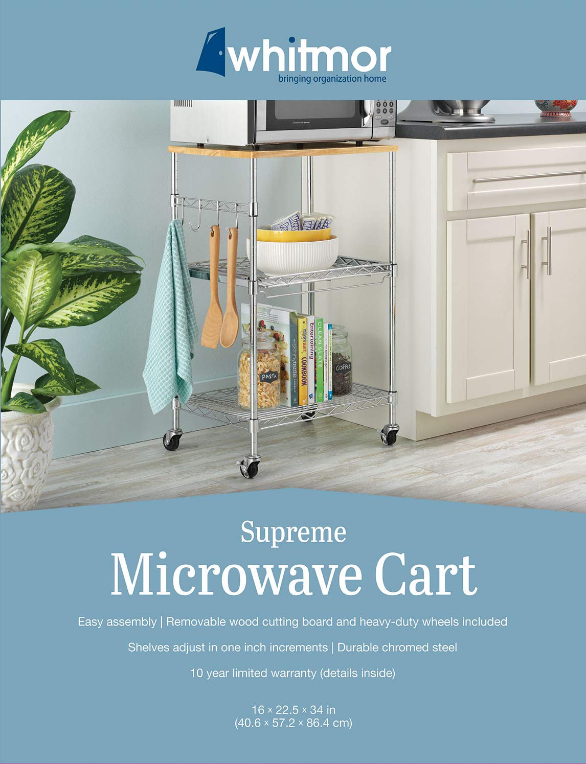 Whitmor Supreme Microwave Cart with Locking Wheels - Chrome with Food Safe Cutting Board 16 x 22.5 x 34 inches