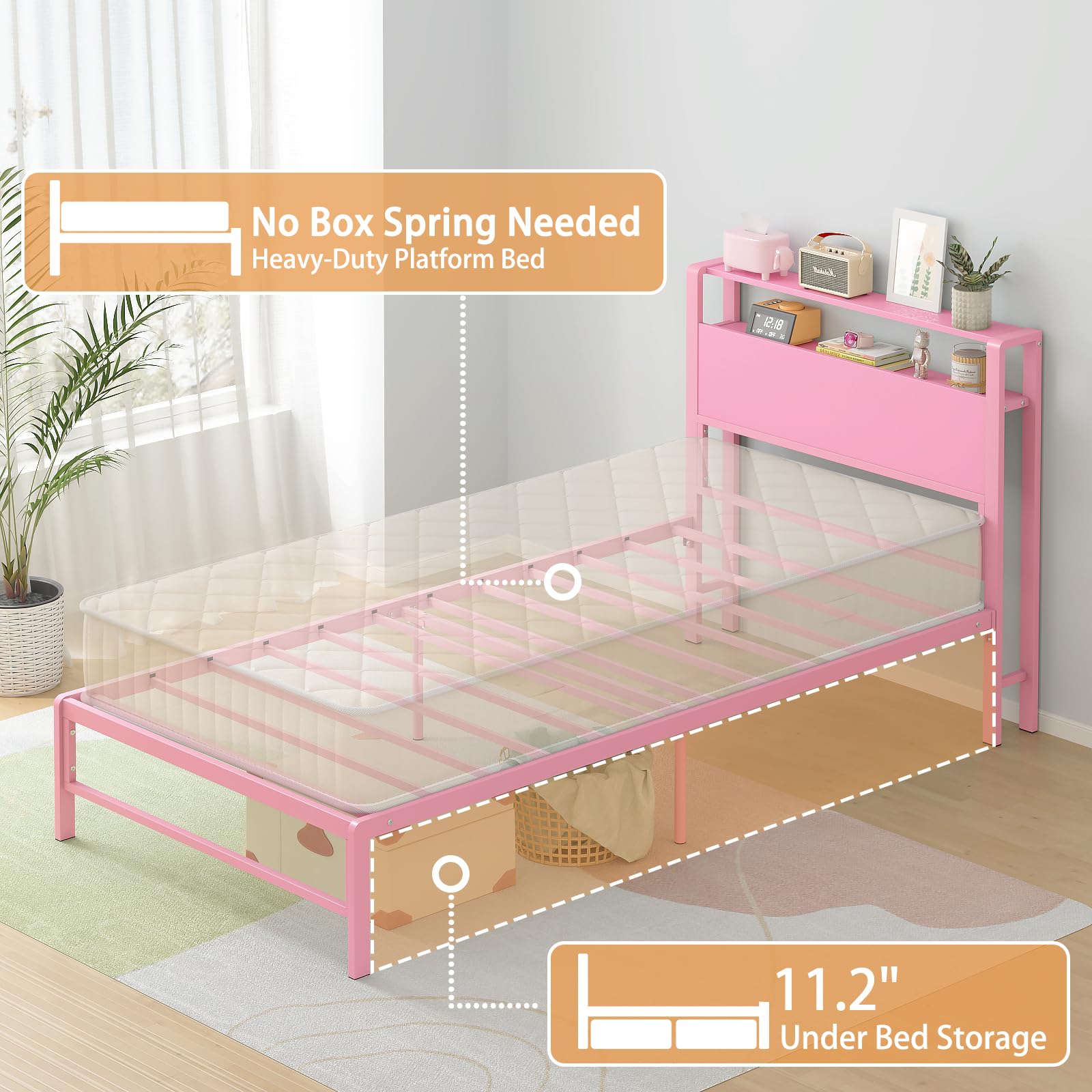 Weehom Twin Bed Frames for Kids with 2 Tiers Wood Storage Shelves Headboard, Twin Size Bed No Box Spring Needed Under Bed Storage Space Metal Platform for Girls and Adults, Pink