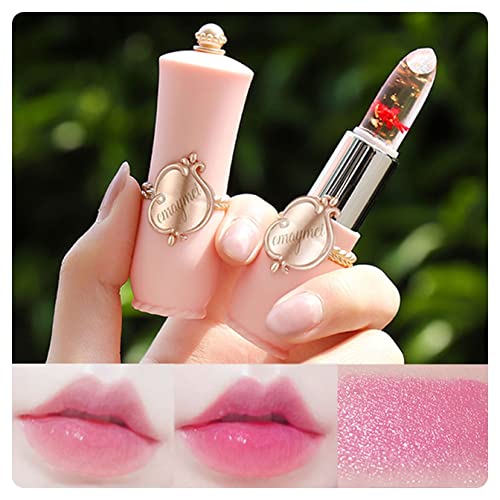 paminify 2Pcs Jelly Clear Crystal Flower Magic Lipstick Tinted Lip Balm Nourishing Moisturizing Lip Stick labial magicos,pink