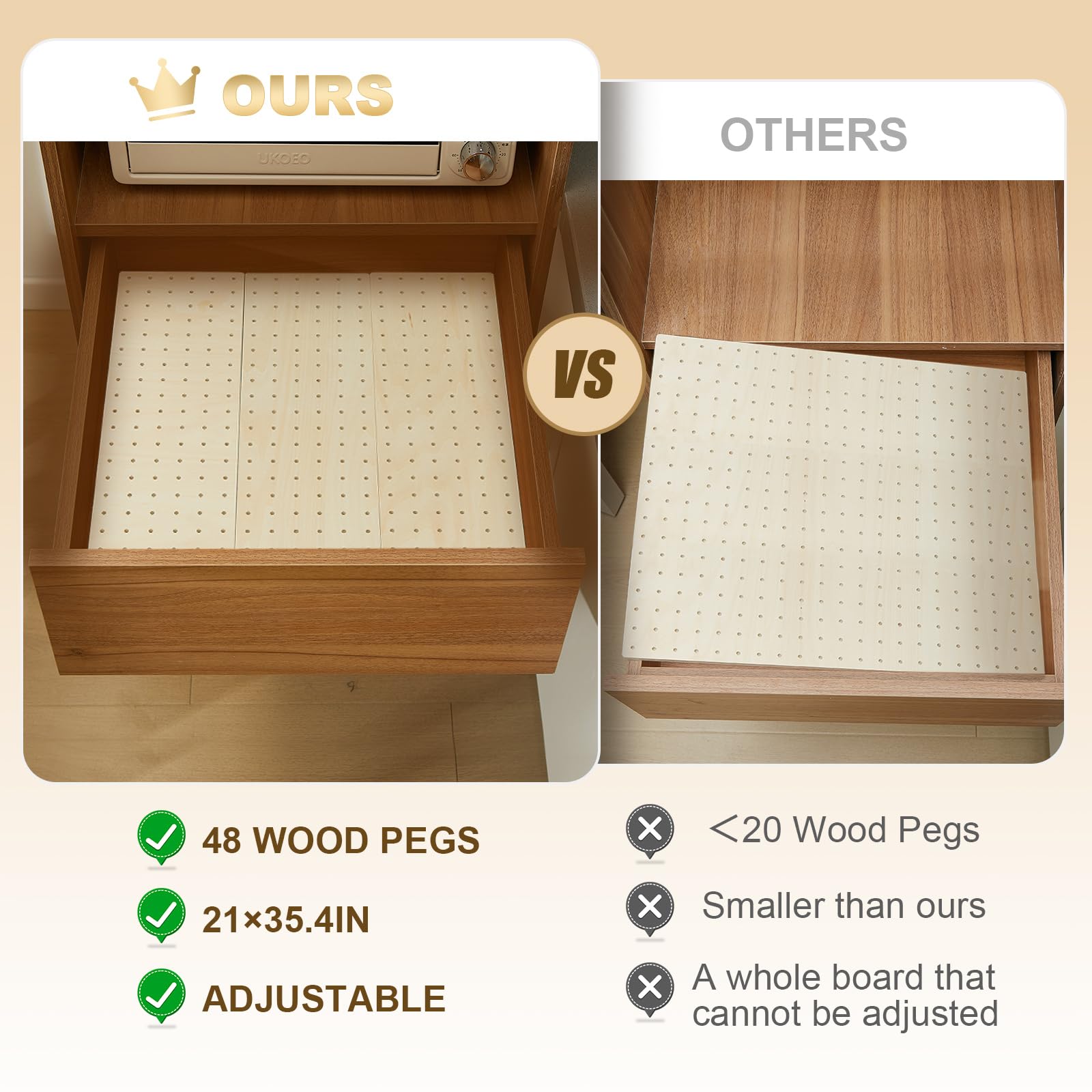 Kigley 6 Pcs Wood Pegboard Drawer Organizer with 48 Pegs Wood Peg Board System Peg Drawer Organizers for Dishes Drawer Plate Organizer Kitchen Pegboard for Food Containers (Wood,20.98x5.91)