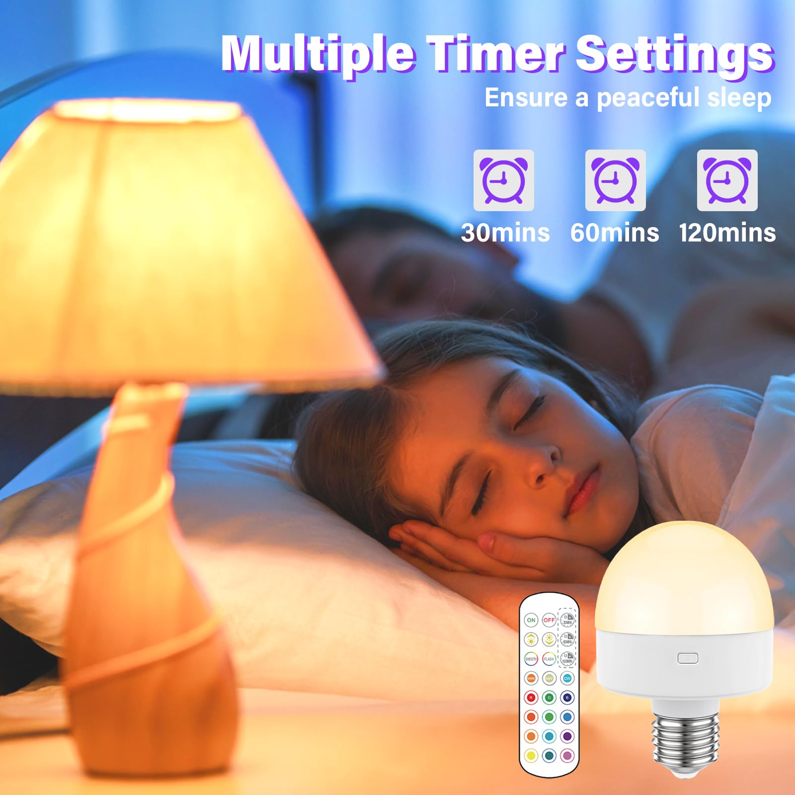 Rechargeable Light Bulbs with Remote,350LM Detachable E26 Battery Operated Light Bulb with Dimmable&Timer&15 Colors Selectable,Wireless Puck Emergency Lamp for Wall Sconce,Non-Hardwired,2-Pack