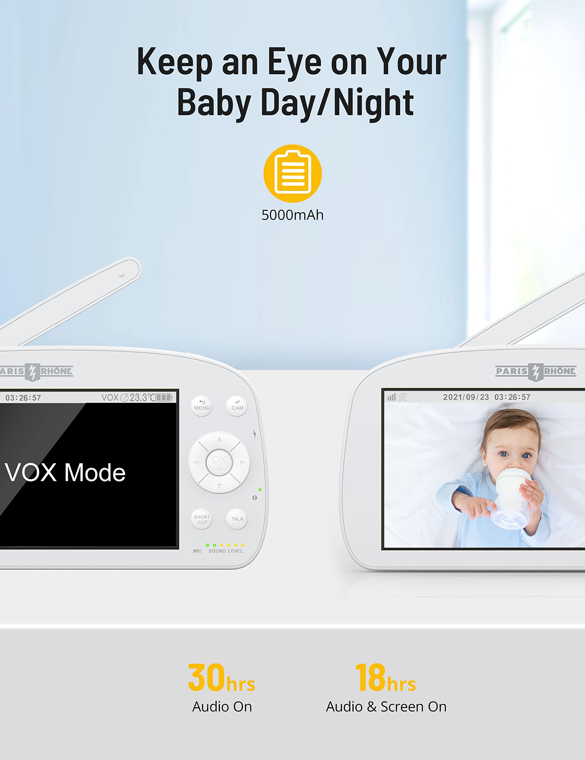 PARIS RHÔNE Baby Monitor, 5.5" 1080P Split Screen Baby Video, 2-Way Talk, 1000ft Range, 5000mAh Battery, HD Night Vision, Pan Tilt Zoom, VOX Mode, Temperature Sensor, White (PE-IH004)