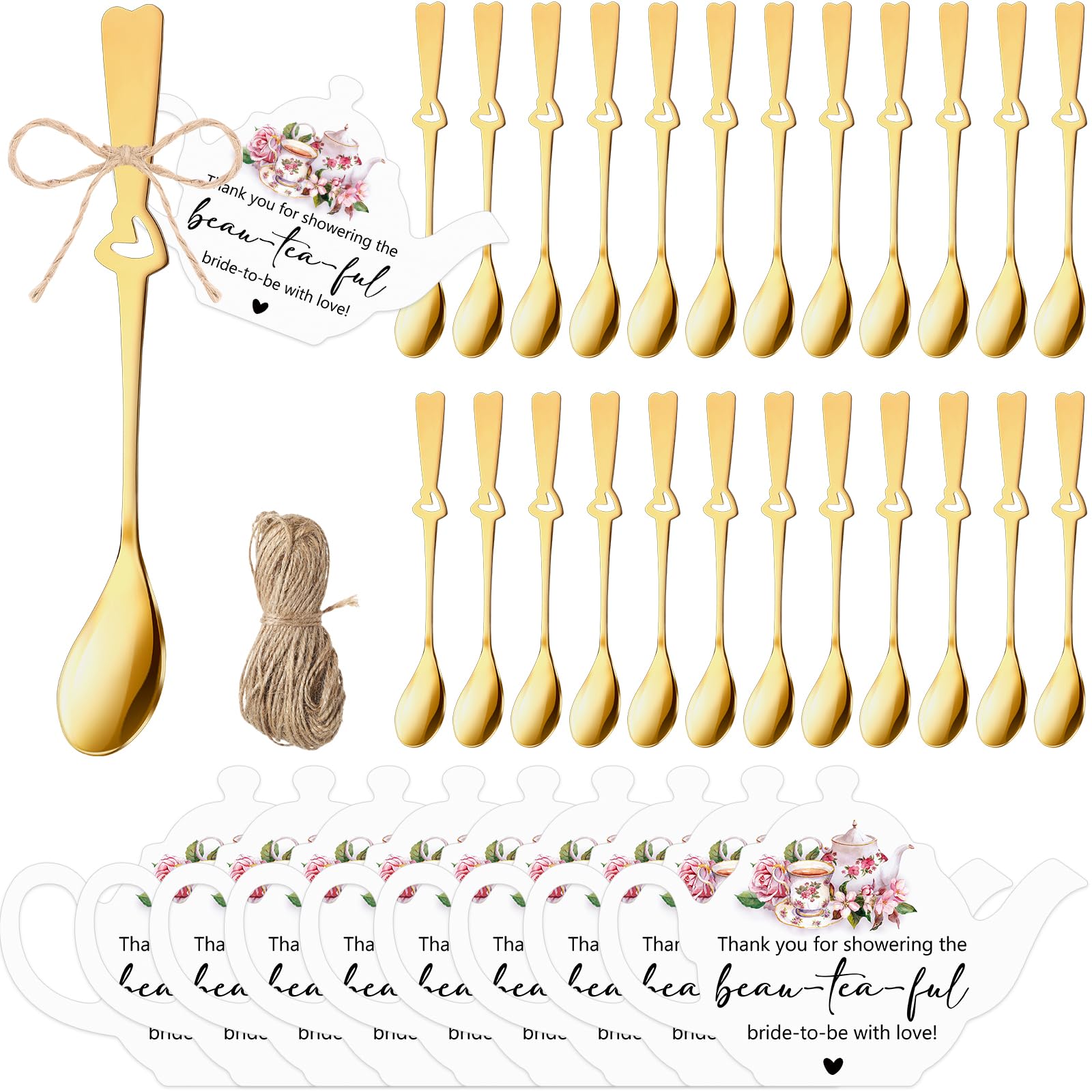 Skybooly 50 Sets Bridal Shower Tea Party Favors for Guests Mini Coffee Spoons Small Tea Spoons Heart Spoon with Teapot Idea Thank You Cards and Hemp Rope Wedding Souvenirs Tea Party Supplies