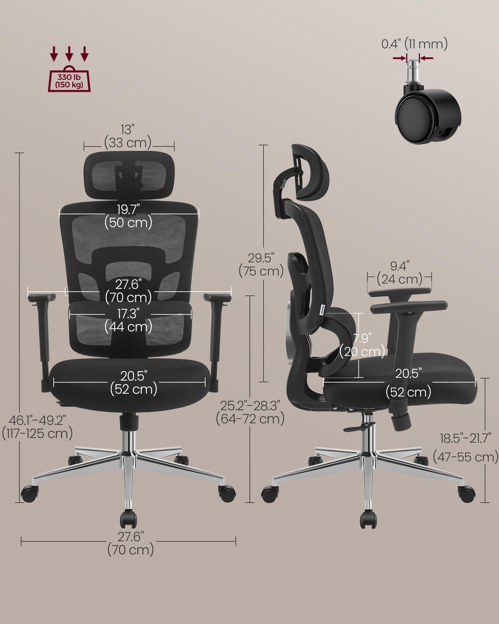 VASAGLE Ergonomic Office Chair, High Back Desk Chair, Mesh Computer Chair with Height Adjustable Lumbar Support, Adjustable 3D Headrest and Armrests, for Home Office, Ink Black UOBN070B21