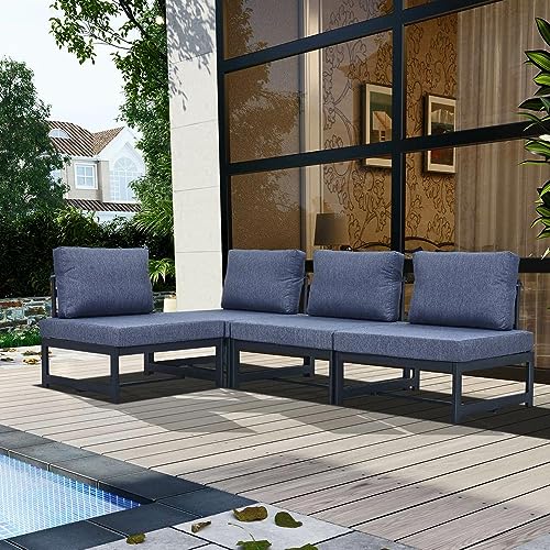 TOME Patio Furniture Set, Outdoor Conversation Sectional Sofa Set with Oak Ottoman, Aluminum Frame and Seat Cushion for Garden Backyard Porch (4pcs Sofa)