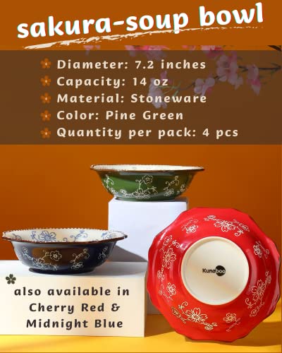 KUNABOO Artisanal Ceramic Soup Bowl, Dinner Bowls Ceramic, Dinner Bowls Set of 4-14 oz - Sakura Floral Series Pine Green - Ready to Wrap Gift