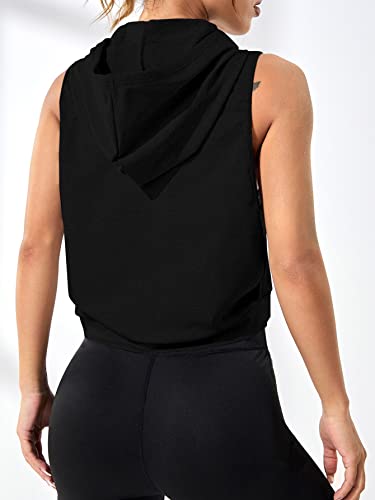 Verdusa Women's Letter Graphic Sleeveless Drawstring Sports Hoodie Workout Shirt Black L