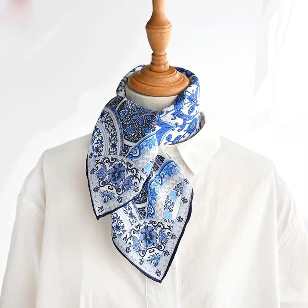 JHHDP Blue and White Porcelain Silk Scarf Spring Ladies Silk Scarf Small Square Headband Bag Ladies (Color : A, Size : One Size)