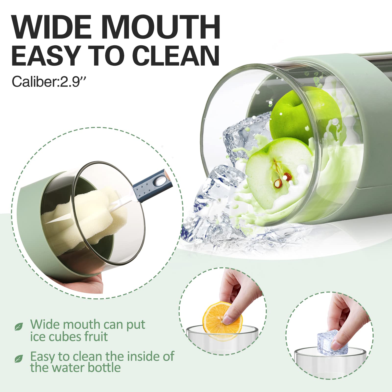 Kodrine 28oz Glass Water Bottles with Straw and Bamboo Lid, Wide Mouth Water Tumbler with Time Marker,Straw Silicone Protective Sleeve BPA FREE-Olive