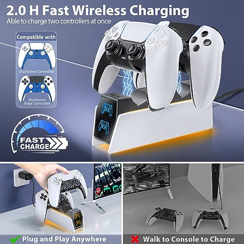 PS5 Controller Charger Compatible with DualSense & Edge Controller, 2.0 H Fast PS5 Charger with 5V/3A Adapter and USB-C Cable, PS5 Charging Station with 2 Charging Options & Indicator