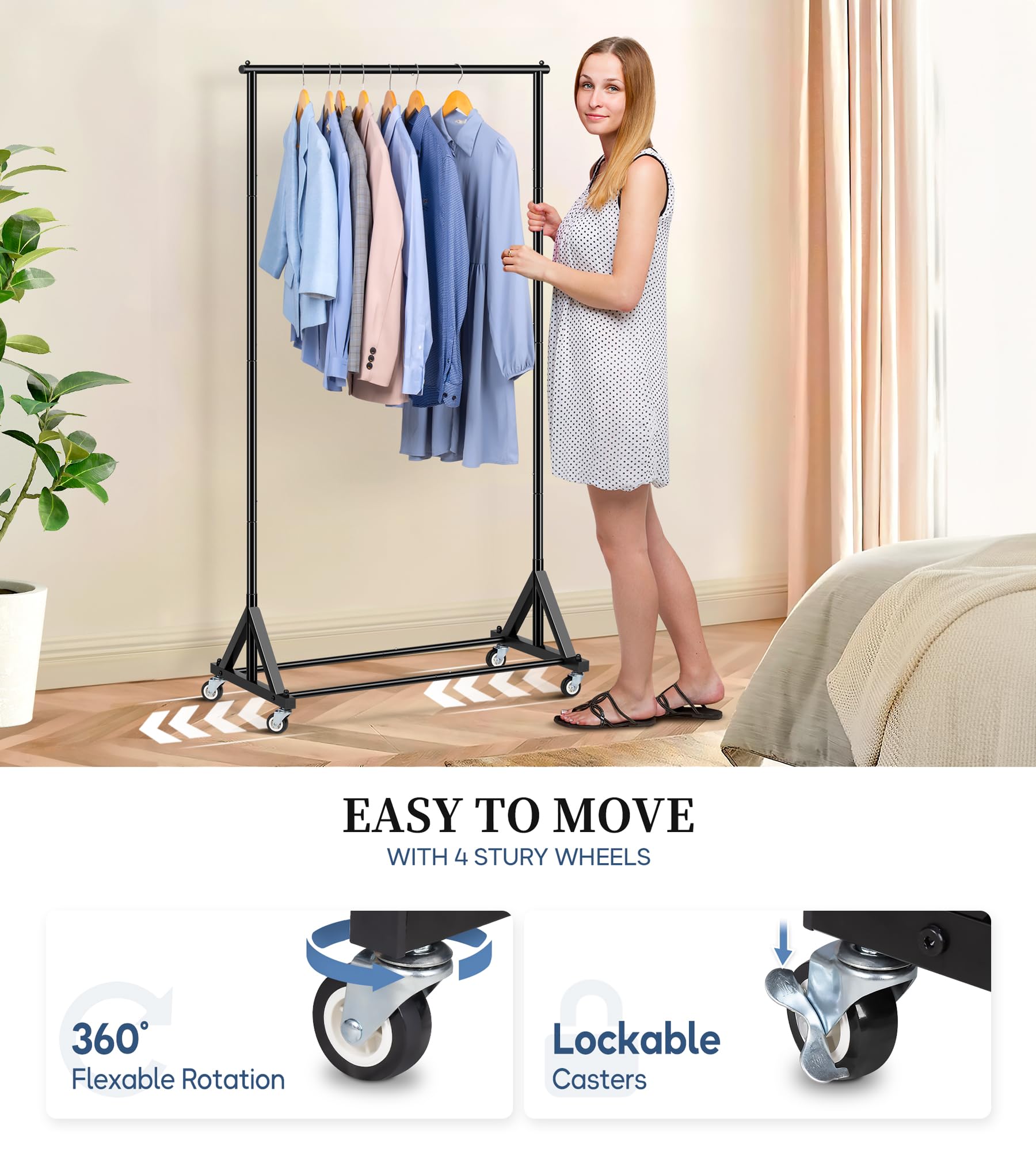 SLEEPING LAMB Heavy Duty Clothes Rack, Rolling Clothing Racks for Hanging Clothes Metal Garment Rack With Wheels, Clothes Hanger Rack for Coats, Shirts, Sweaters Wardrobe Rack (Black)