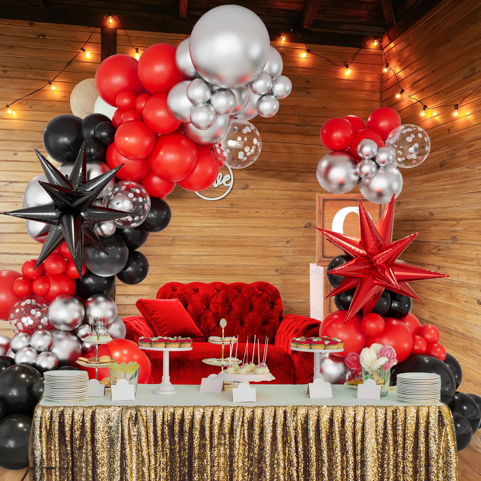 Red and Black Balloon Garland Arch Kit, 146pcs Red Black and Metallic Silver Balloons with Red and Black Exploding Star Foil Balloons for Graduation Birthday Party Decorations