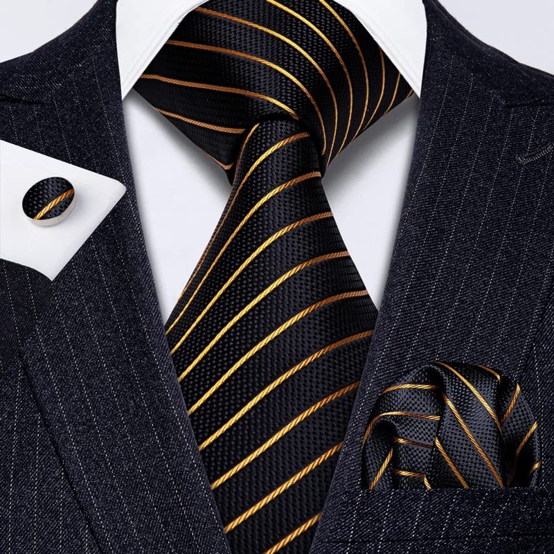 JHHDP Gold Striped Black Tie Brooch Silk Necktie Set Handkerchief Cufflink Tie for Men Wedding (Color : A, Size : One Size)